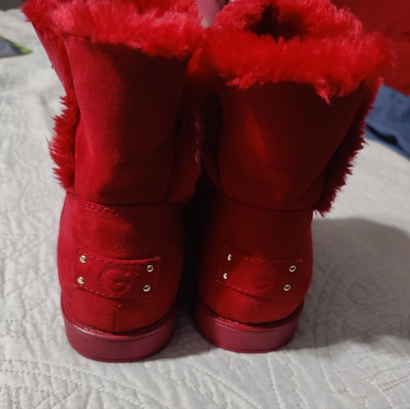 bcg | Shoes | Red Faux Fur Boots With Gold Accents | Poshmark